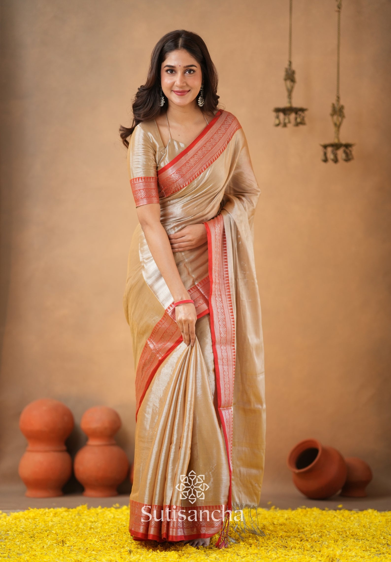 Traditional Tissue Saree with Rich Red Border