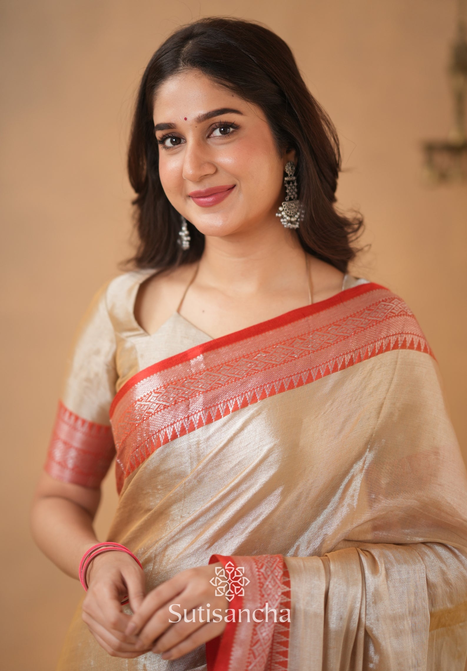 Traditional Tissue Saree with Rich Red Border