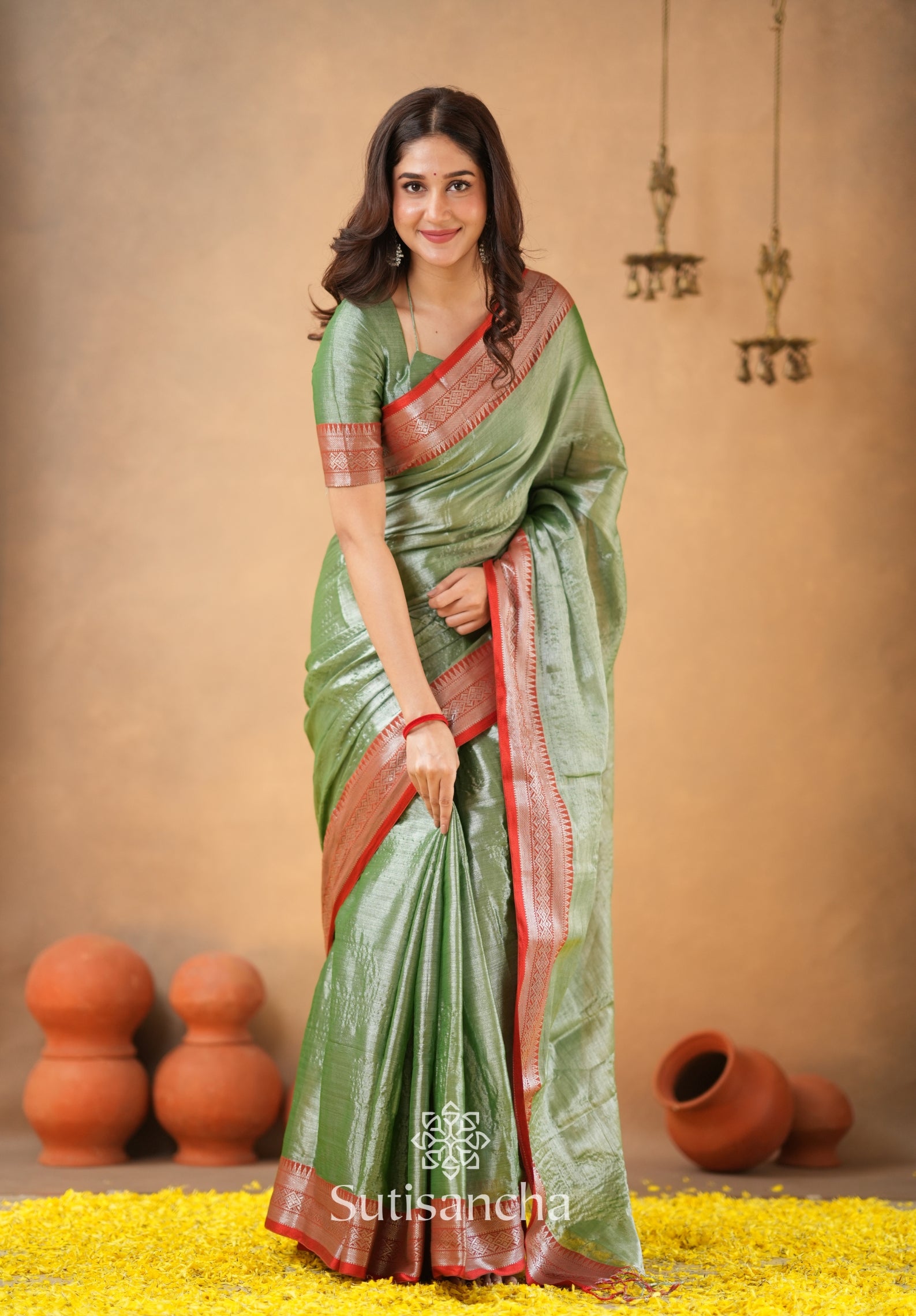 Traditional Tissue Saree with Rich Red Border