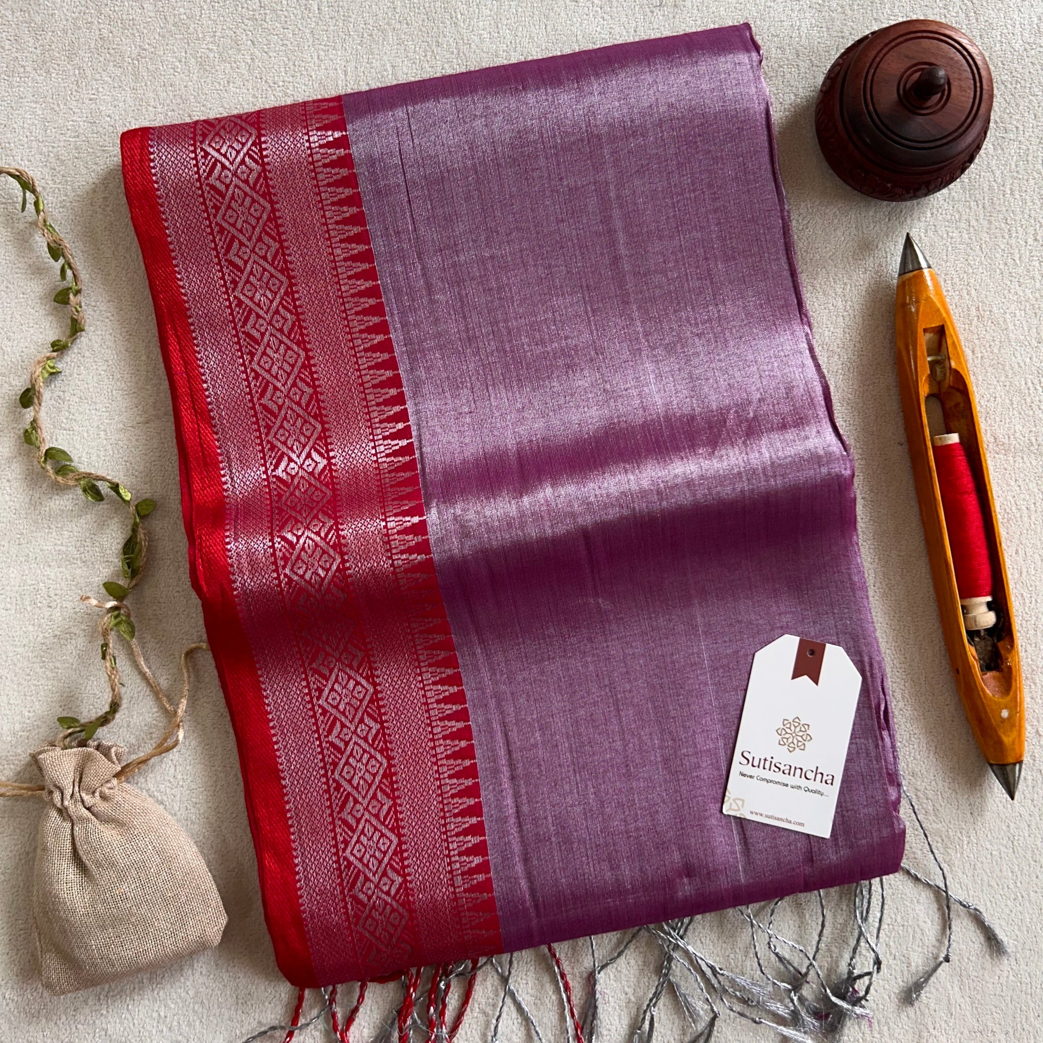 Traditional Tissue Saree with Rich Red Border