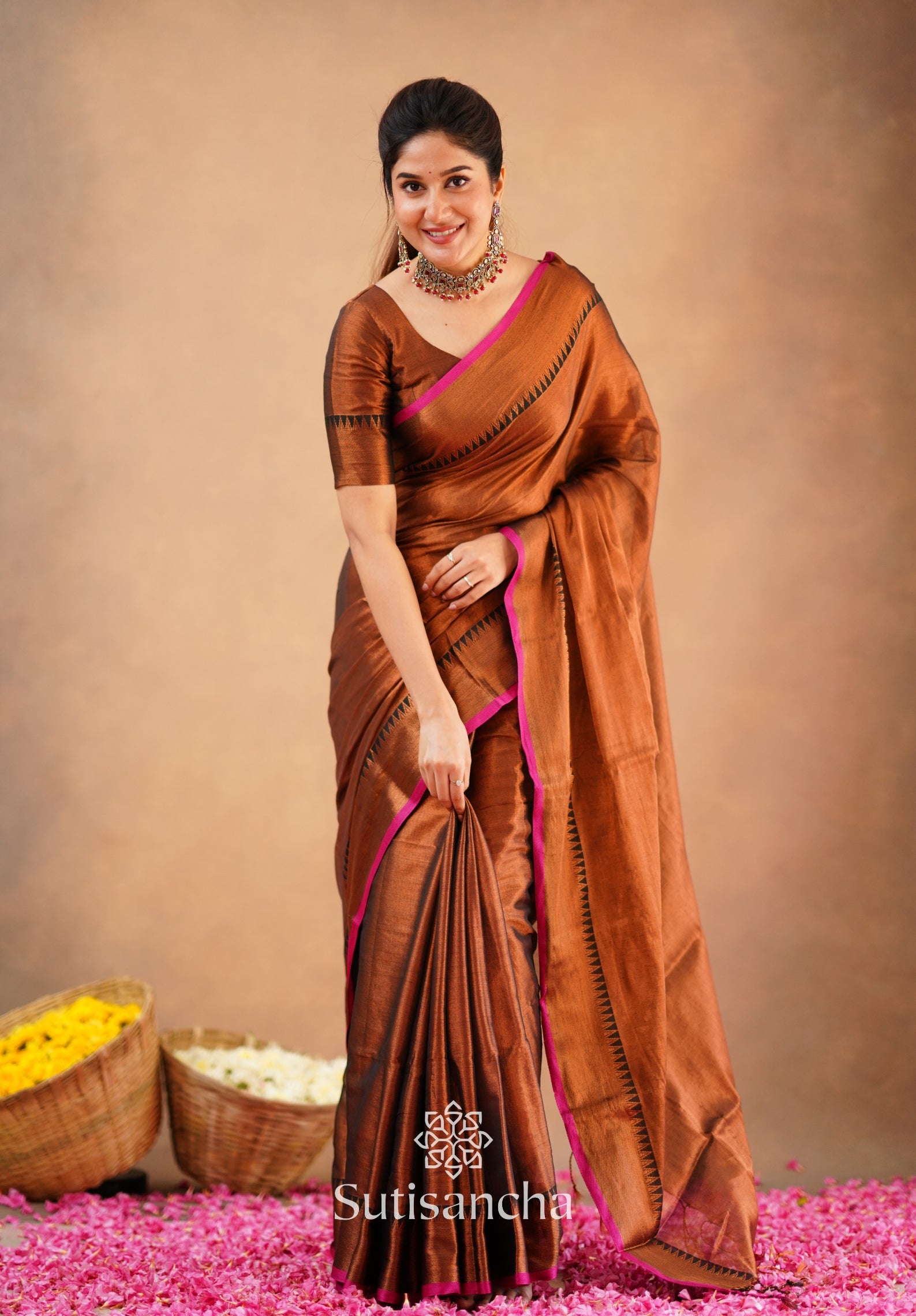 Sutisancha Copper Handloom Cotton Tissue Saree